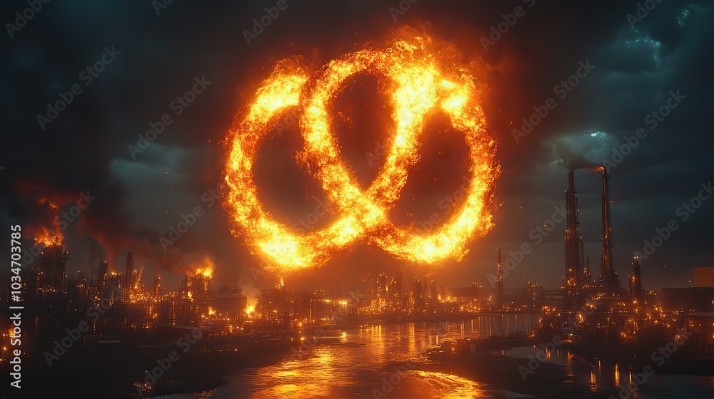 an infinity symbol made of fire over an industrial landscape ...