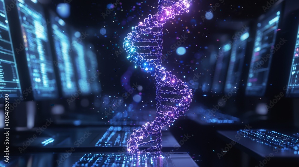 Holographic model of DNA floating between futuristic computer terminals ...