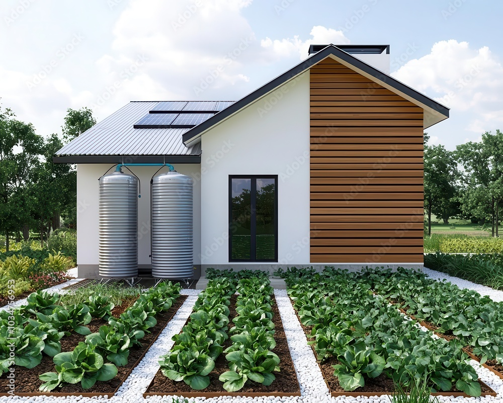 A modern eco-friendly house with solar panels, rainwater tanks, and a ...
