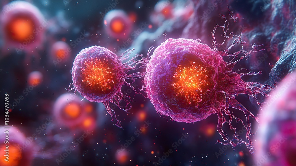 microscopic view of cells undergoing apoptosis with bright red centers ...