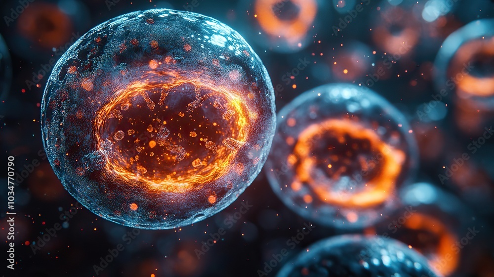 microscopic view of cells undergoing apoptosis with bright red centers ...