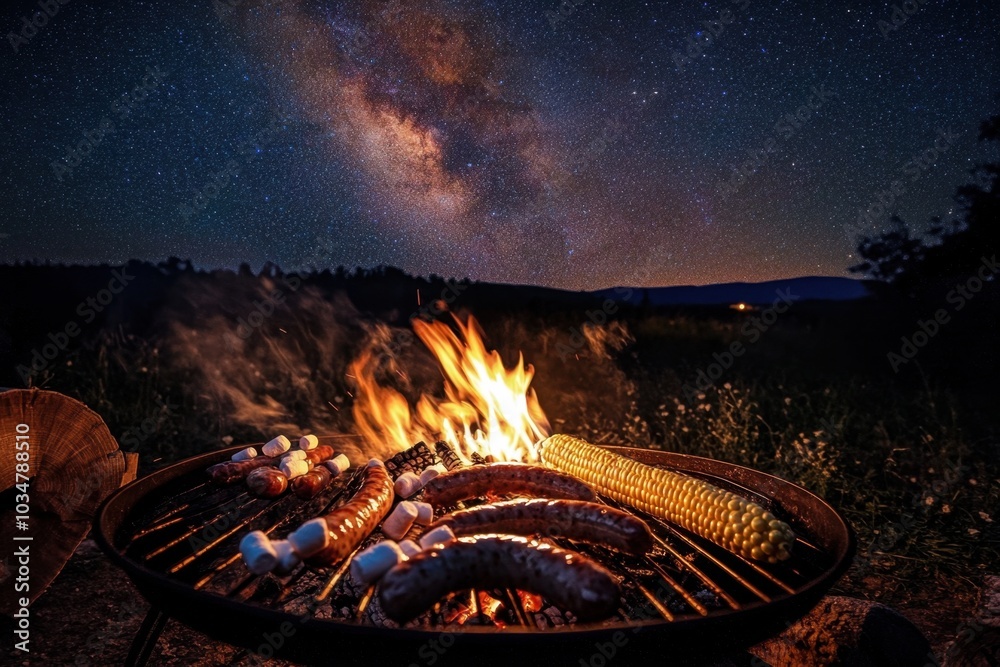 A barbecue at a campsite with a campfire grill, roasting sausages, corn ...