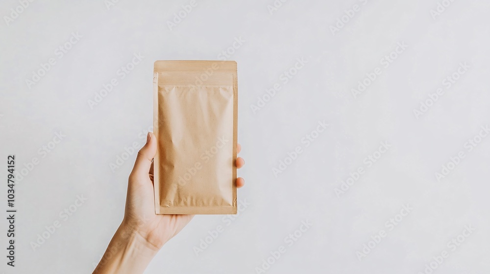 2408 23.A hand holding a brown paper ziplock pouch in a clean, white ...