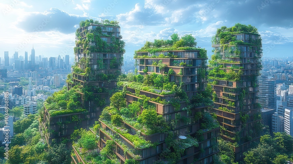 sketch of sustainable urban architecture featuring green roofs and ...