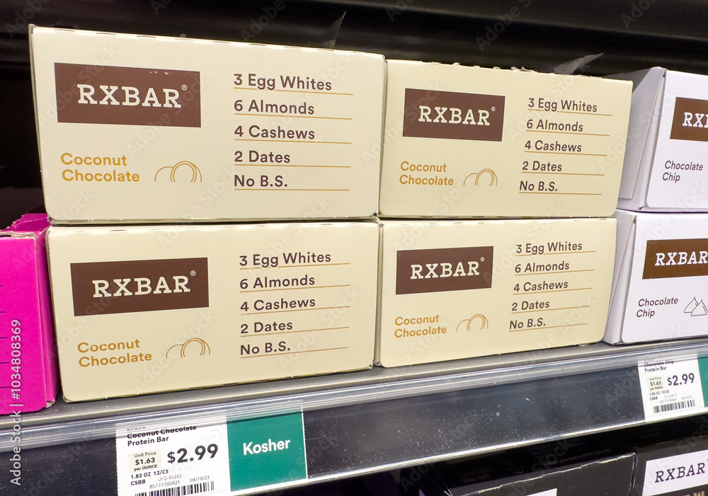 RX Bars in coconut chocolate flavor in large packs on supermarket shelf ...