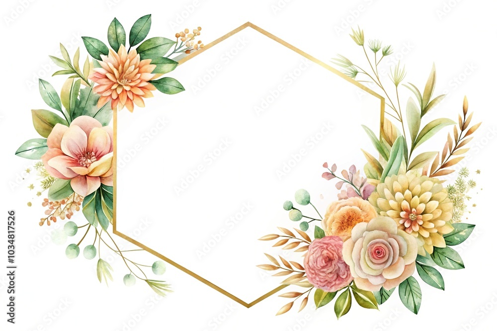 Floral frames double watercolor gold hexagonal flower frame corner ...