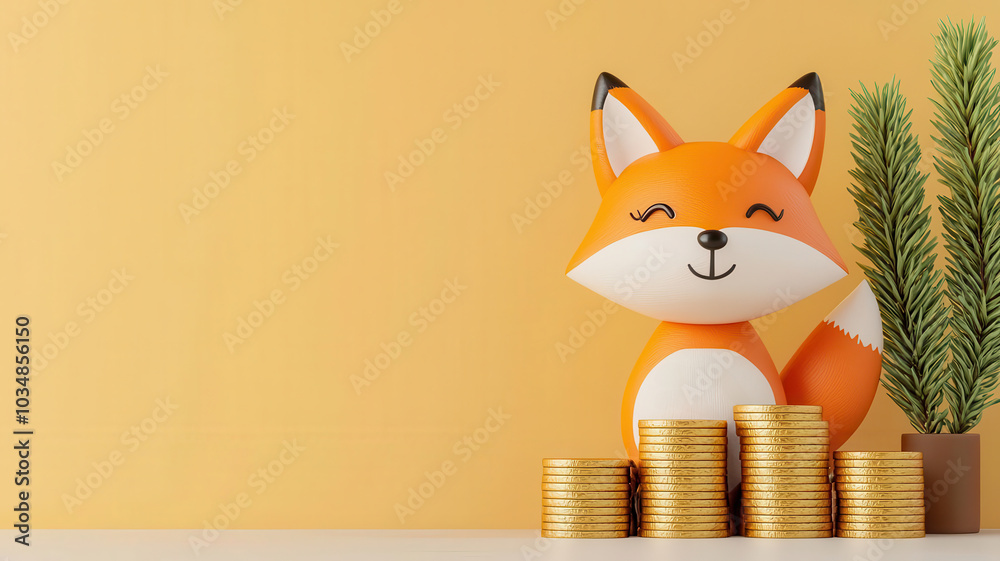 Cute fox character standing next to a growing savings graph, with gold ...