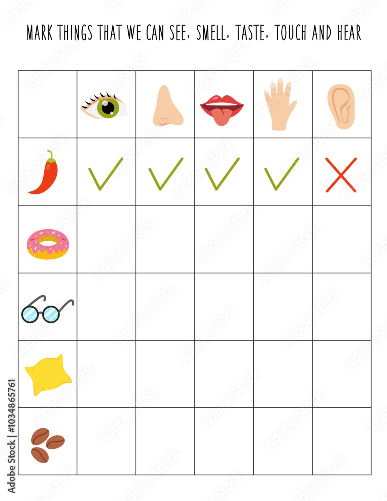 Mark things that you can see, smell, touch, taste and hear. Logical ...