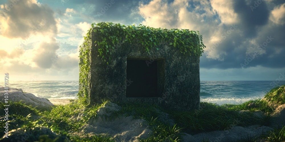 Historical WWII pillbox on a beach along a coastal area, representing ...