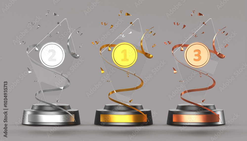 3d glass award trophy with confetti render icon set. Crystal prize on ...