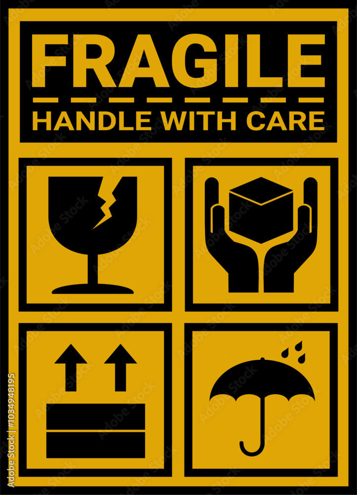 sticker fragile handle with care, black and yellow fragile warning ...