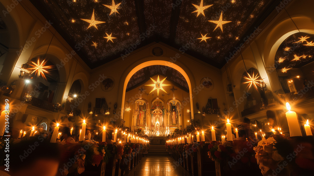 The church is filled with worshippers during Simbang Gabi, candles are ...
