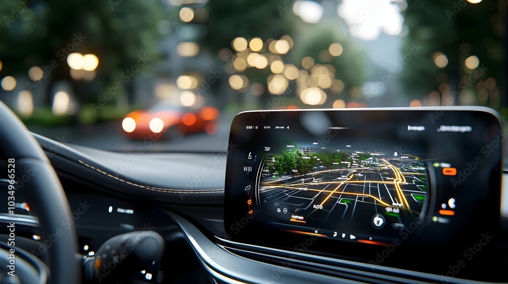 Sleek futuristic vehicle dashboard featuring a glowing interactive GPS ...