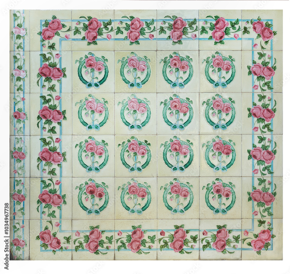 Rows of Antique Nyonya Tiles with Red Roses and light yellow background ...