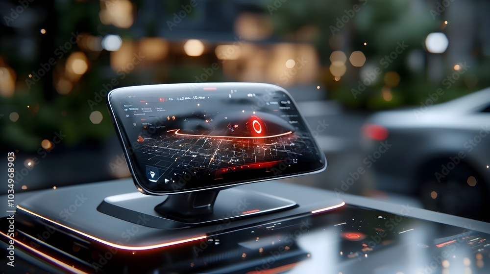 Futuristic car dashboard featuring a glowing high tech GPS interface ...