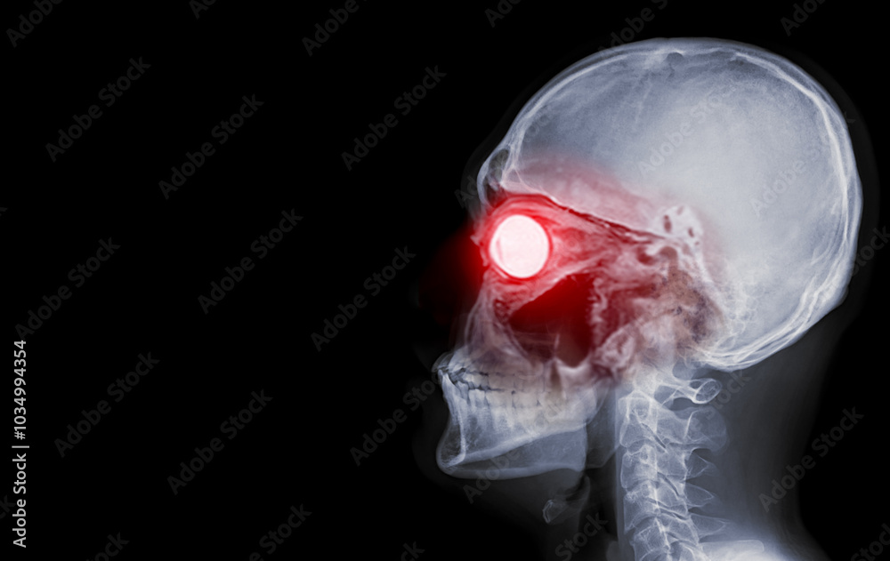Integrated lateral skull X-ray and MRI orbit image, highlighting the ...