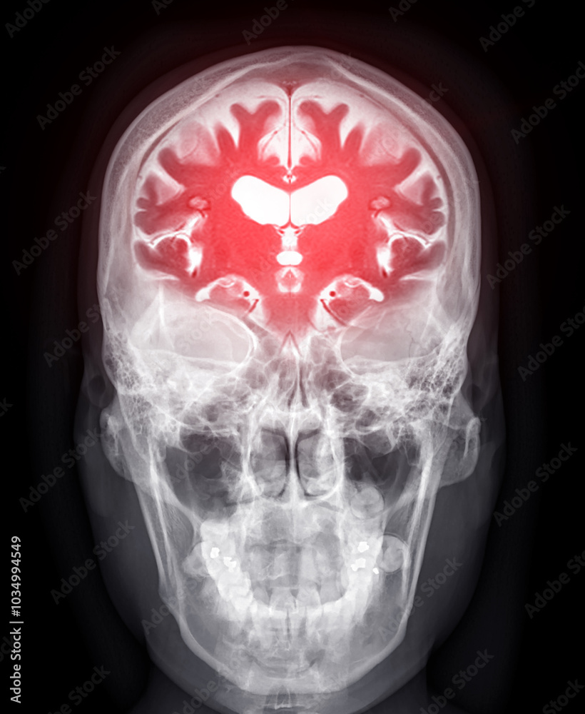 Skull and brain fusion image, combining radiographic and MRI ...