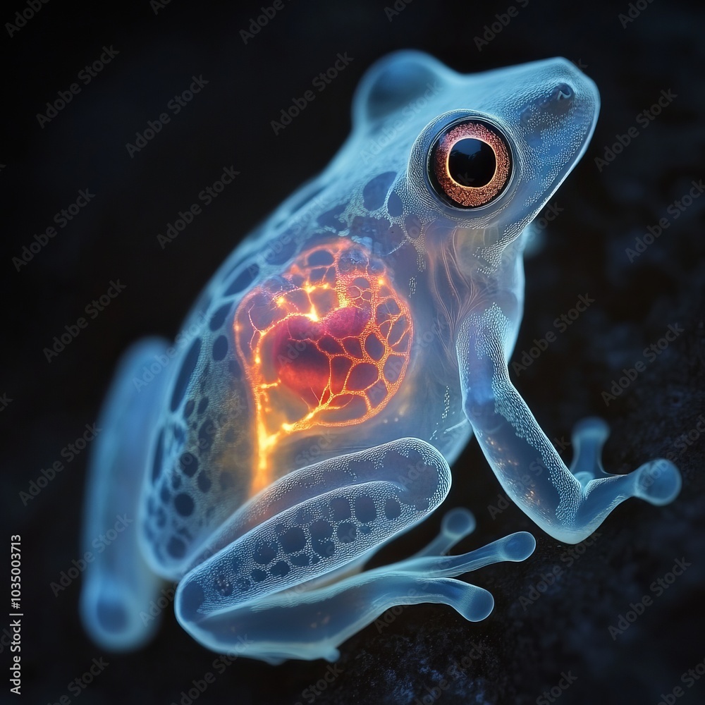 An artistic depiction of a tiny, translucent frog showing a glowing ...