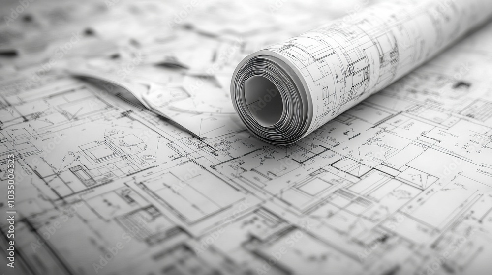 Three rolled architectural blueprints are laid on a table covered with ...