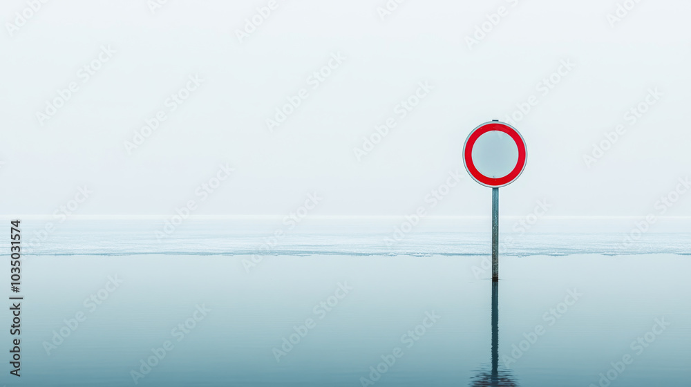 frozen lake with no entry sign stands prominently against serene, misty ...