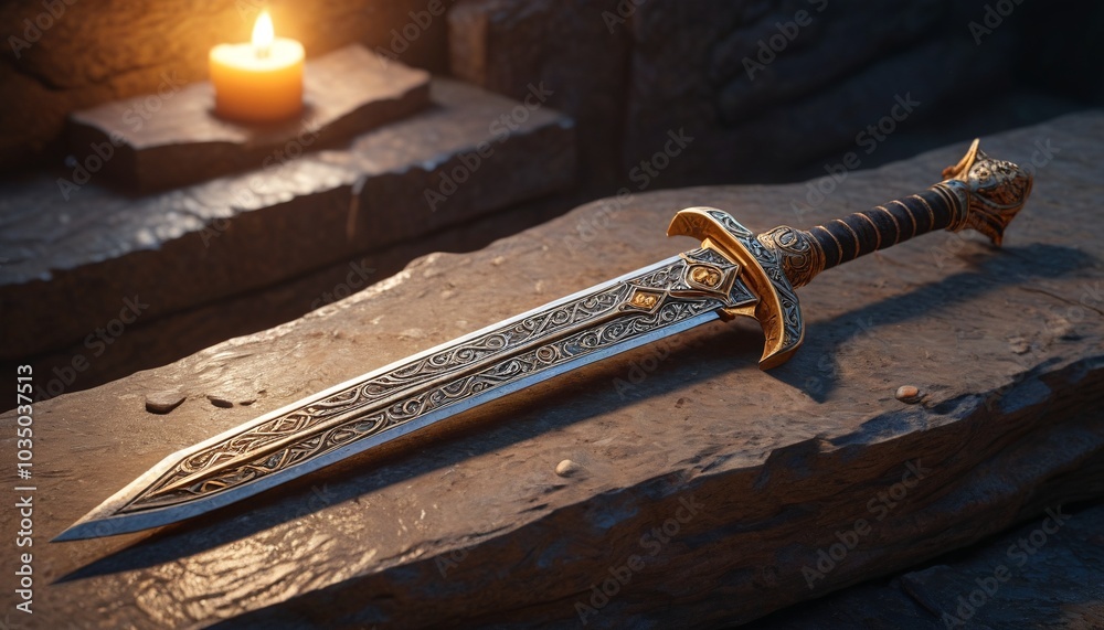 An ancient sword of light, forged in celestial fires, with runes along ...