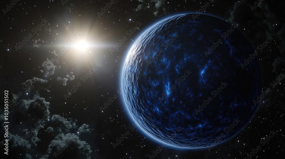 Extreme planet near a blue giant in a 3D cartoon rendering A huge star ...