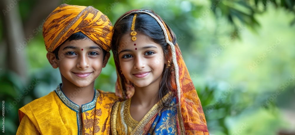 Happy Indian children in national costumes with self-esteem, on ...