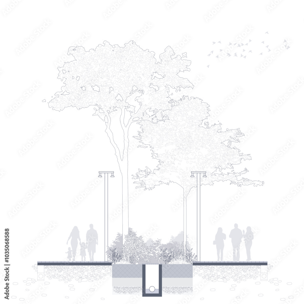 Architectural Drawings, Minimal style cad tree line drawing, Side view ...