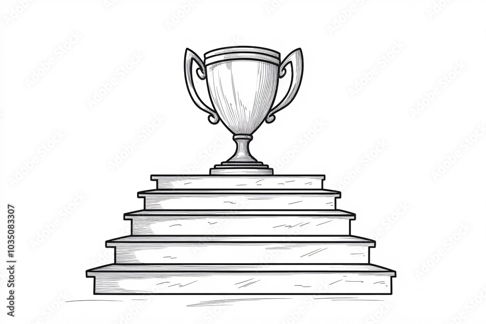 Simple sketch of a trophy on a five-step podium, representing success ...