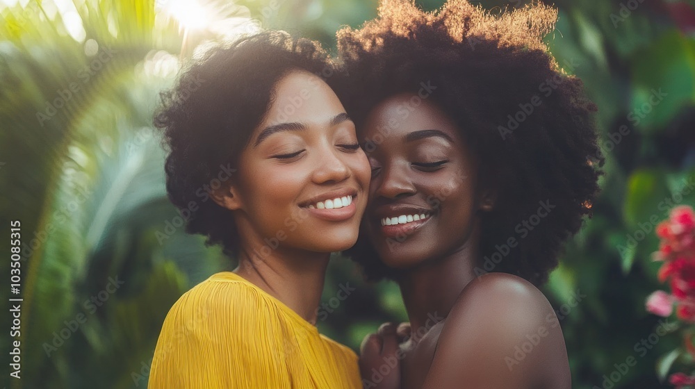 Two smiling young women with dark skin and curly hair are hugging in a ...