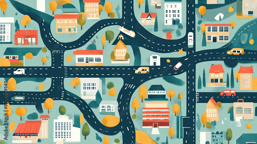 Illustrated map of a city with roads, cars, and landmarks Stock ...