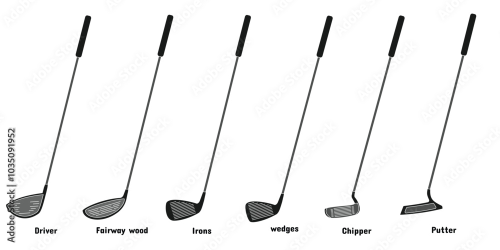 golf stick set design, various types and names. drivers, fairways ...