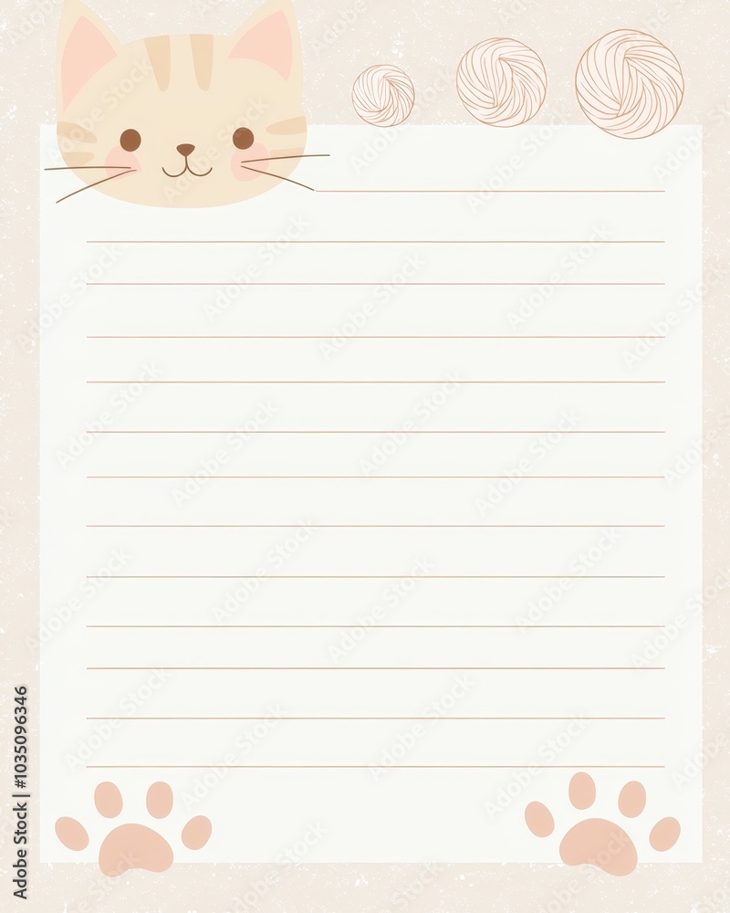 Cute Cartoon Cat Face with Pastel Paw Print Border on Lined Writing ...