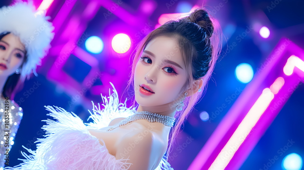 Neon Lights & Feather Dreams: A captivating portrait of a female singer ...