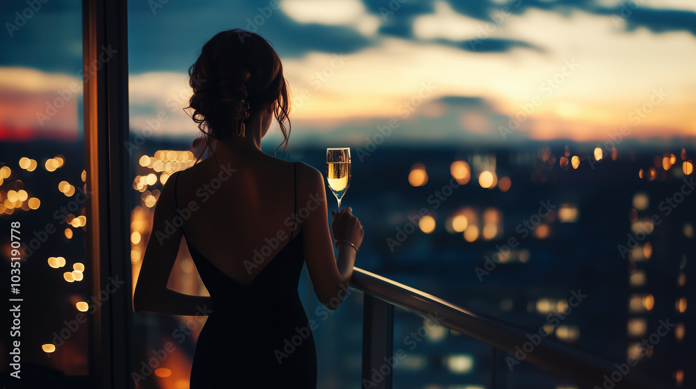 Successful and posh woman in an elegant black evening dress stands on a ...