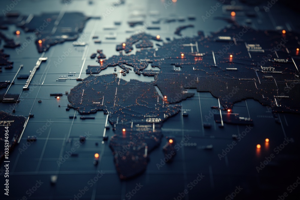 Global supply chain network map with shipping routes and icons of ships ...