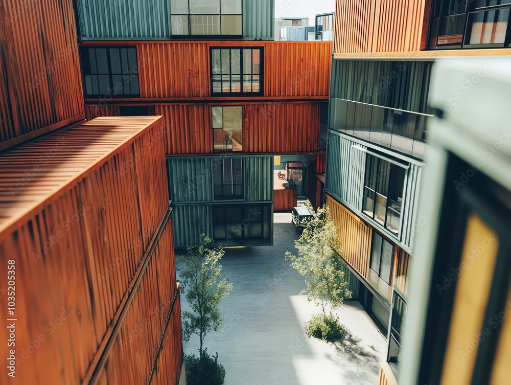 Colorful shipping container buildings with trees, sunlight, urban ...