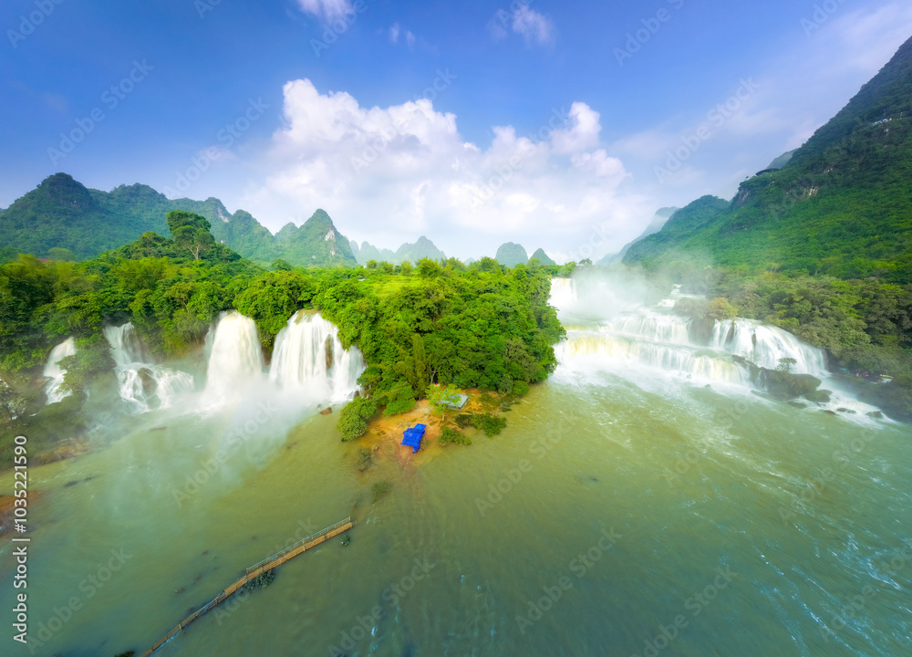 Aerial view of Ban Gioc Detian waterfall in Vietnam China border. The ...