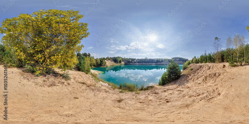 360 hdri panorama on limestone coast of huge green lake for sand chalk ...