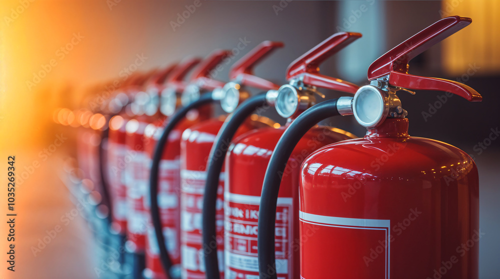 A row of red fire extinguishers lined up in a modern industrial setting ...