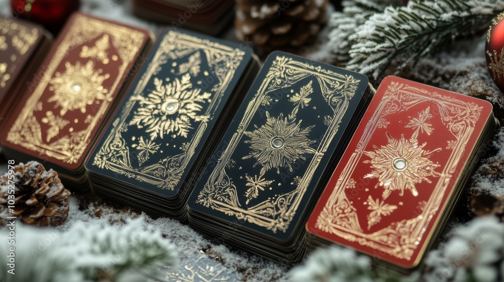 Winter vintage Christmas cardstyle playing card designs with snowflakes ...