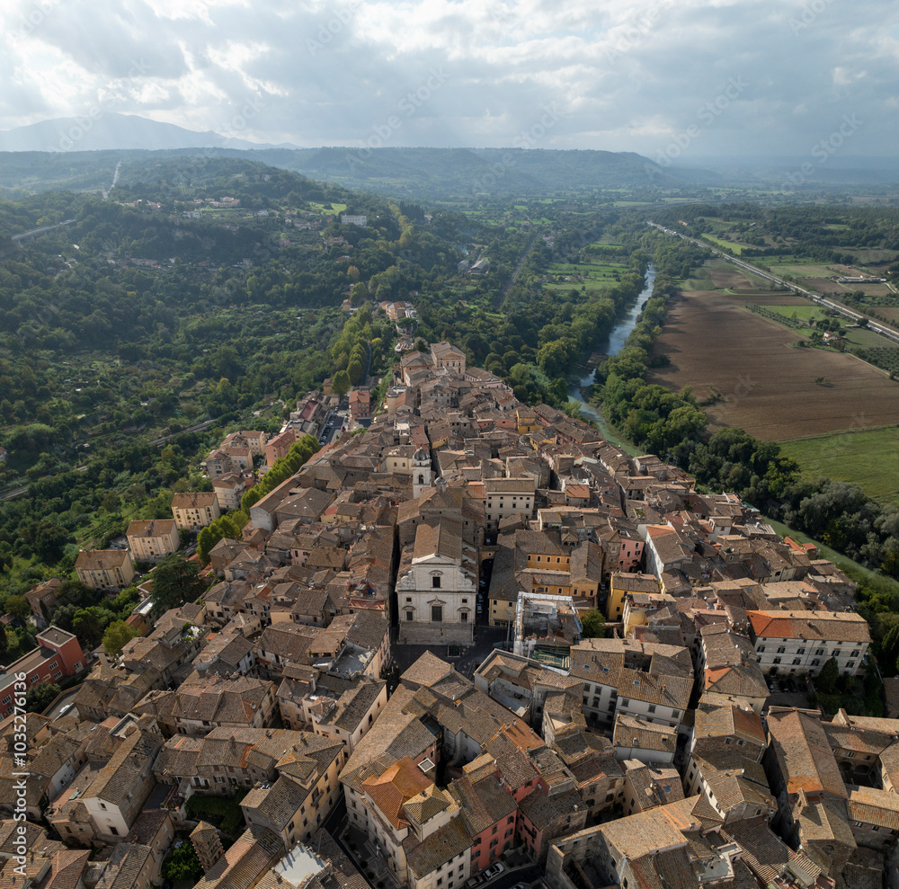 Aerial view of the historic medieval town with beautiful stone rooftops ...