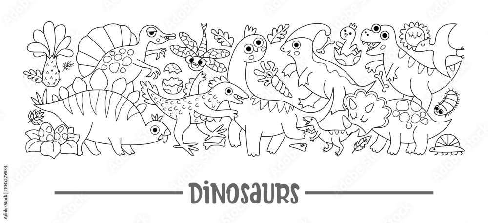 Vector black and white horizontal dinosaur border set. Prehistoric line ...