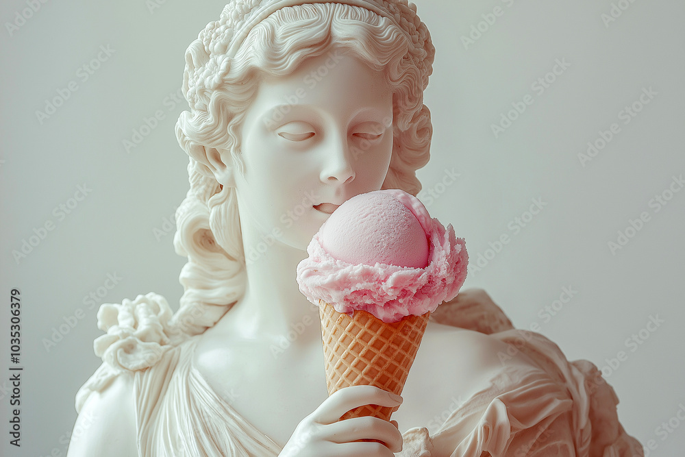 Greek goddess statue with ice cream on neutral background. Greek ...
