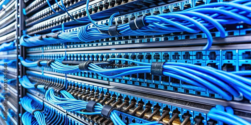 Network Cables, Closeup of Blue Ethernet Cables Connected to Network Switch, Data Center ...