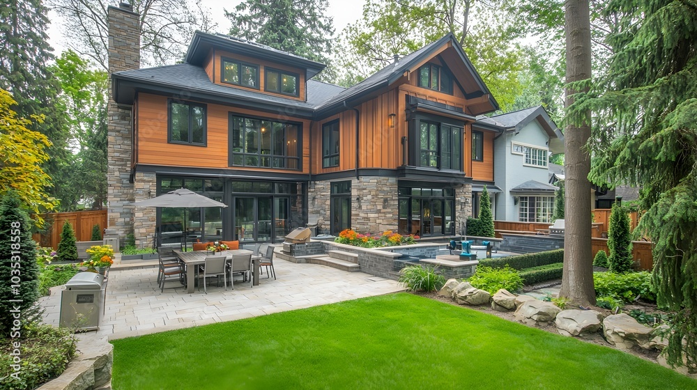 Spacious suburban home with a well designed backyard featuring an ...