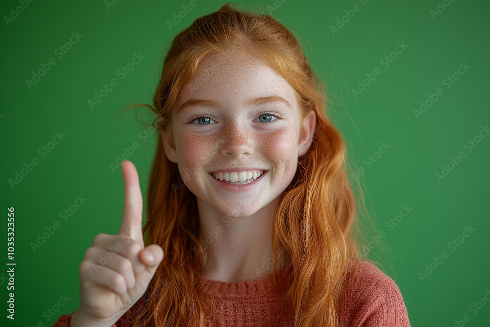 Excited young ginger teenager girl smiling and pointing her index ...