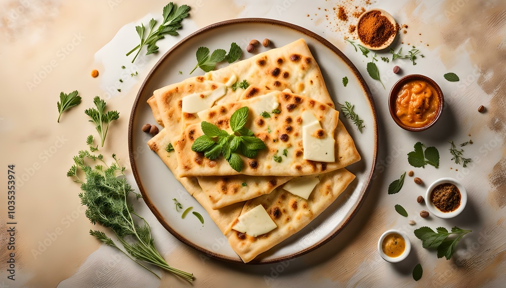 cheese paratha or parata with cheese slice served in dish isolated top ...