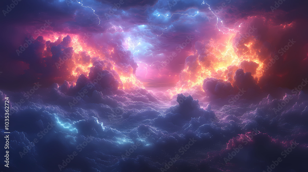 Clouds with colorful lightning in a stormy landscape. A storm is raging ...