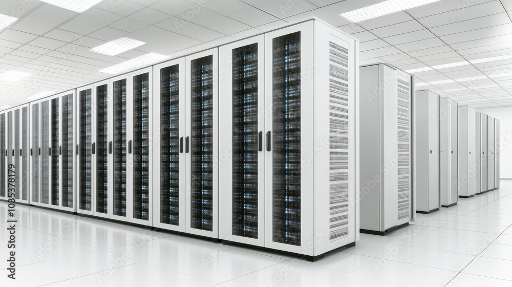 Data processing and storage center featuring advanced server room and supercomputer technology ...